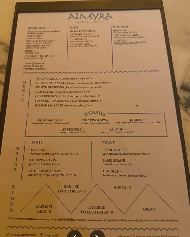 Almyra Restaurant Menu | Mediterranean Cuisine in Philadelphia